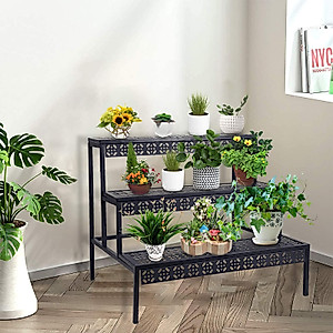 aboxoo 3 Tier Stair Style Large Metal Plant Stand, Garden Display Shelf Flower Pot Holder Storage Organizer Rack for Indoor Home Outdoor Patio Balcony Yard( Black, Rectangle)