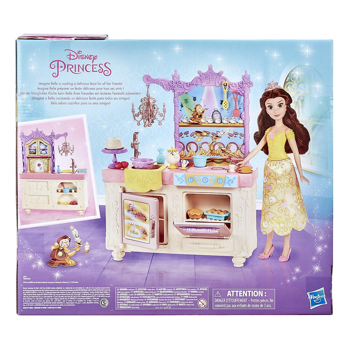 Disney Princess Belle's Royal Kitchen, Fashion Doll and Playset with 13 Accessories, Mrs. Potts, and Chip, Toy for Girls 3 Years and Up