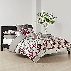 N Natori Cherry Blossom Duvet Cover Queen Size - Red, Grey , Cherry Blossom Duvet Cover Set – 3 Piece – 100% Cotton Sateen Light Weight Bed Comforter Covers