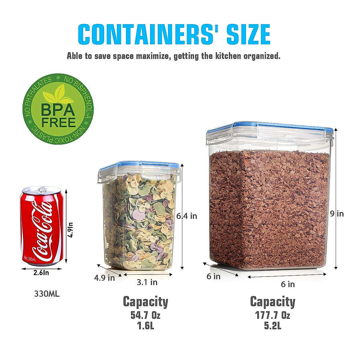 Food Storage Containers - Hangoes Cereal & Dry Airtight Plastic Containers, Set of 8 Kitchen Containers 175.9 Oz/ 54.1 Oz with 1 Measuring Cup & 20 Chalkboard Labels & 1 Liquid Chalk Marker