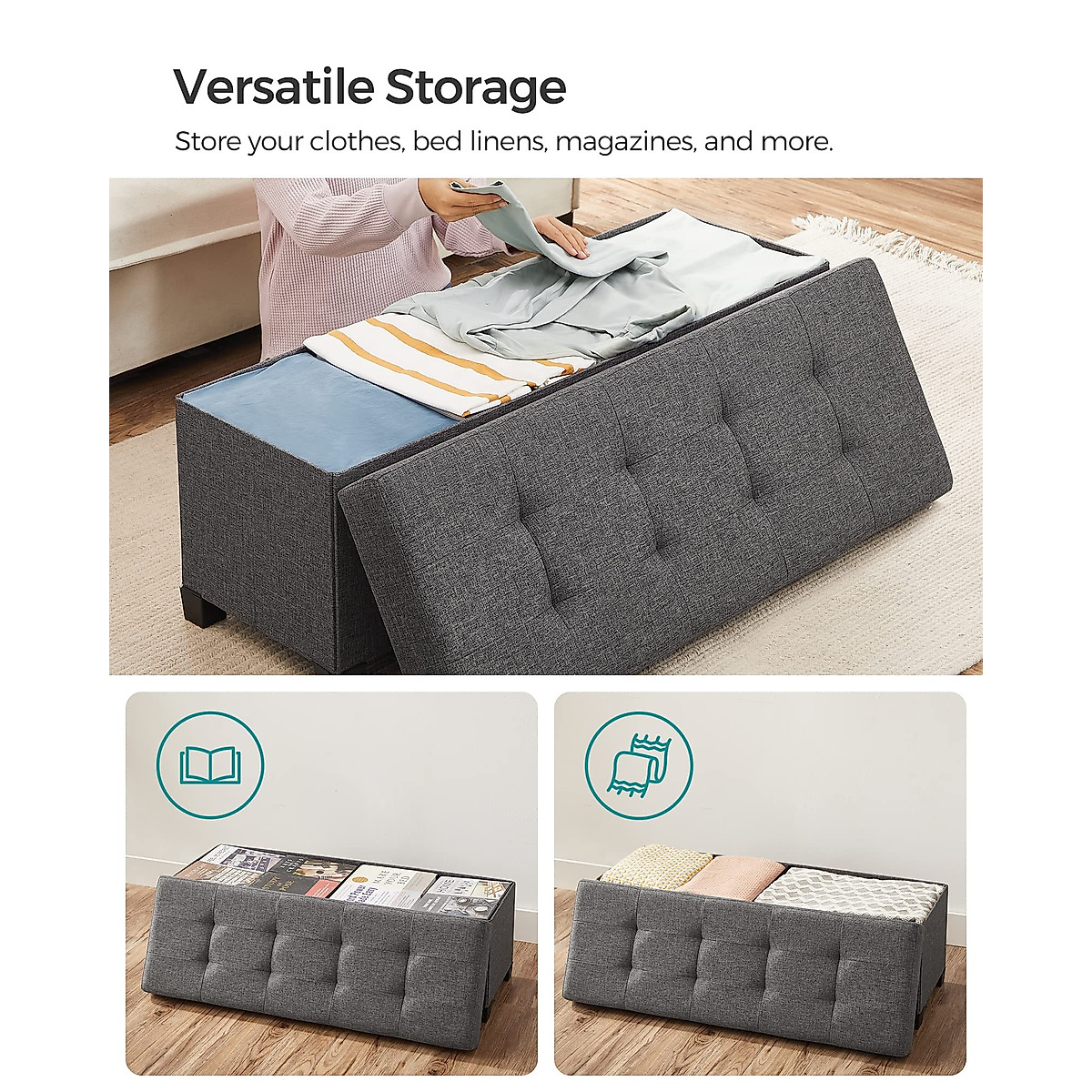 SONGMICS Storage Ottoman, Folding Storage Bench, Ottoman with Storage, Storage Ottoman Bench, for Living Room, Bedroom, 15 x 43.3 x 15.7 Inches, Dark Gray ULSF018G01