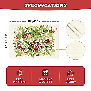 Artoid Mode Watercolor Holly Christmas Placemats Set of 6, 12x18 Inch Seasonal Winter Xmas Holiday Table Mats for Party Kitchen Dining Decoration
