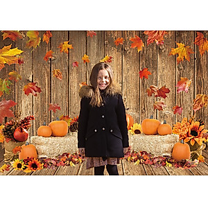 Fluzimir 7x5FT Fall Photo Backdrop Autumn Thanksgiving Day Wooden Pattern Maple Leaves Pumpkin Background for Photography Friendsgiving Party Decorations Harvest Event Banner Decor