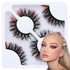 Red False Eyelashes with Color Cat Eye Lashes Mink Dramatic Fluffy Long Fake Lashes Christmas Wispy Strip Curly Lashes Pack 3 Pairs
