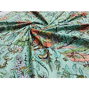 Indian Hand-Block Printed Jaipuri Flower Print Floral Ethnic Sanganer Kurti Print Cotton Fabric (Mint Mugal Flower, 3 Yards)