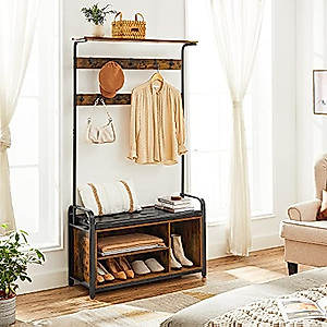 VASAGLE Hall Tree with Storage Bench, Entryway Storage with 9 Hooks, Coat Rack with Soft Bench, Shoe Rack, Steel Frame, Rustic Brown and Black UHSR099B01