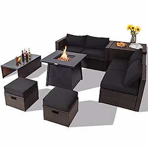 Tangkula 9 Pieces Patio Furniture Set with 30” Propane Fire Pit Table, Outdoor PE Wicker Sectional Sofa Set with Storage Box, 50,000 BTU Gas Fire Pit Table with 2 Protective Covers (Black)