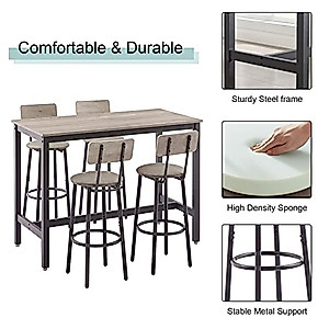 GNIXUU Bar Table and Chairs Set for 4, 5 Pieces Industrial Counter Height Pub Table and 4 PU Soft Stools with Backrest, High Kitchen Breakfast Table Set for Restaurant, Dining Room(Grey)