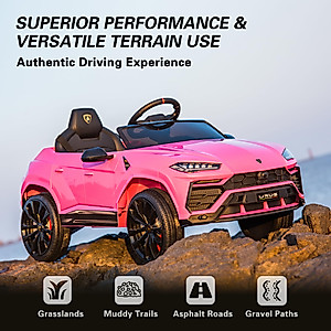 Rock Wheels Licensed Lamborghini Urus Ride On Truck Car Toy, 12V Battery Powered Electric 4 Wheels Kids Toys w/Parent Remote Control, Foot Pedal, Music, Aux, LED Headlights, 2 Speeds (Pink)