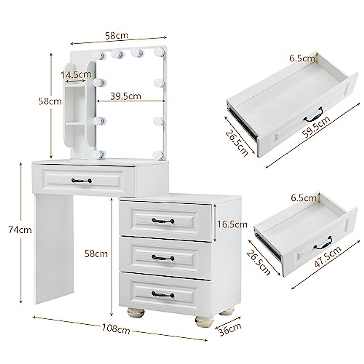 JBLCC Makeup Vanity Table with Lighted Mirror,Makeup Vanity with Lights and Drawers, Storage Shelves, Vanity Desk for Woman Girls, White (5951)