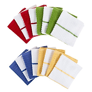 Bedford Home Set of 16 Kitchen Dish 12.5x12.5”-100% Cotton Wash Cloths-Waffle Weave in 4 Colors of Striped & Solids-Dishcloths for Cleaning by Lavish Home, Multiple