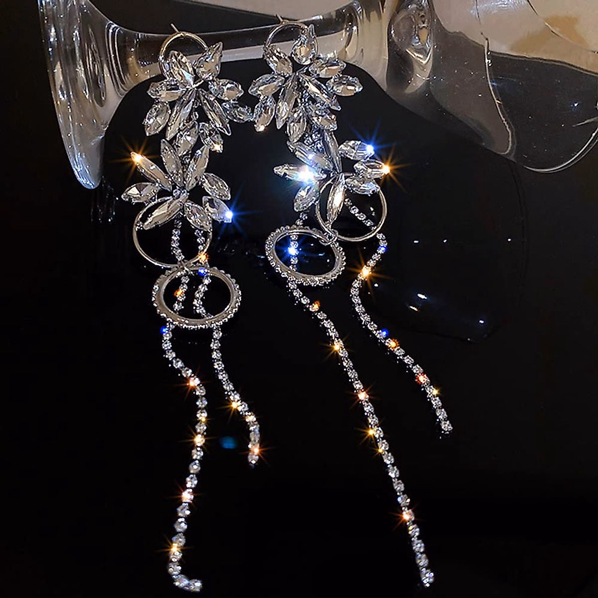 Missgrace Luxury Silver Rhinestones Drop Earrings Rhinestone Punk Earrings Jewelry Silver Boho Vintage Statement Earrings Long Dangle Earrings for Women