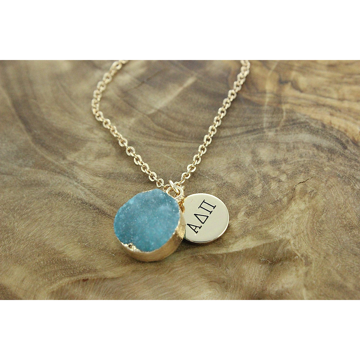 Sorority Shop ADP Necklace - Alpha Delta Pi Blue Druzy Gemstone Necklace With Engraved Pendant – 14K Gold Dipped Jewelry with Blue Gemstone – Sorority Gift, Charm Paraphernalia
