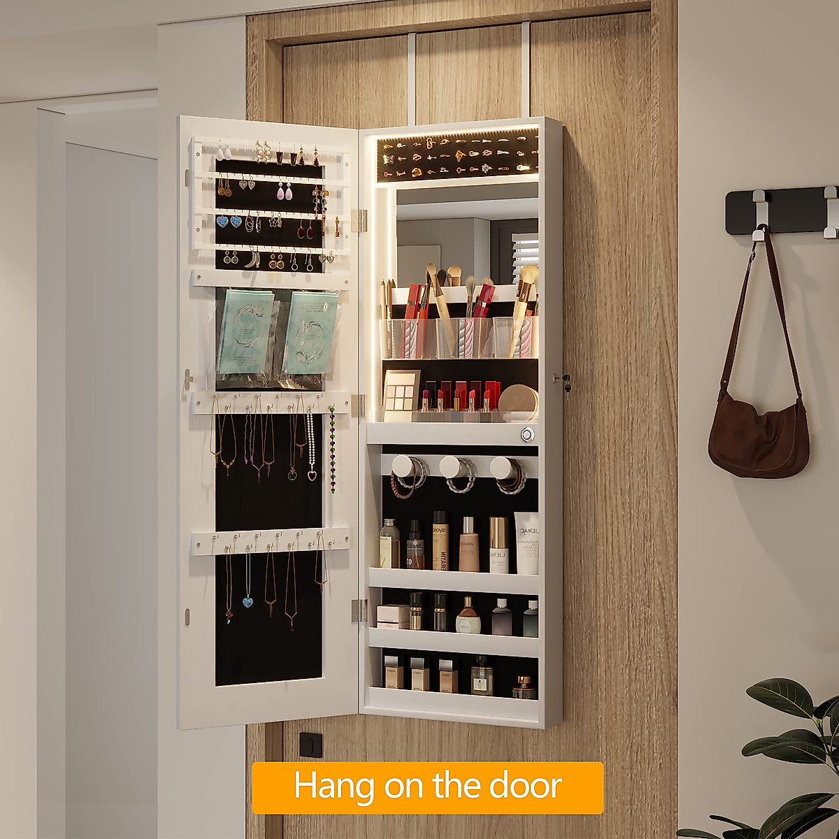 Vlsrka Jewelry Mirror Cabinet with LED Lights, Wall Mounted/Door Hanging Full-Length Jewelry Mirror, Lockable Storage Cabinet, Built-in Makeup Mirror for Bedroom Cloakroom (White)