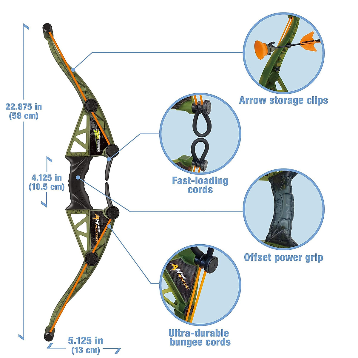 Zing Air Hunterz Z-Curve Bow Pack, 1 Green Bow, 4 Orange Zonic Whistle Arrows, 2 Orange Suction Cup Arrows and 1 Bungee, Shoots Arrows Up to 200 Feet