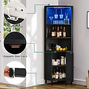 YITAHOME Corner Bar Cabinet with LED Lights & Glass Holder, 5 Tier Corner Shelf with Storage, Wine Rack Cabinet Display Shelves for Living Room, Dining Room, Kitchen, Black