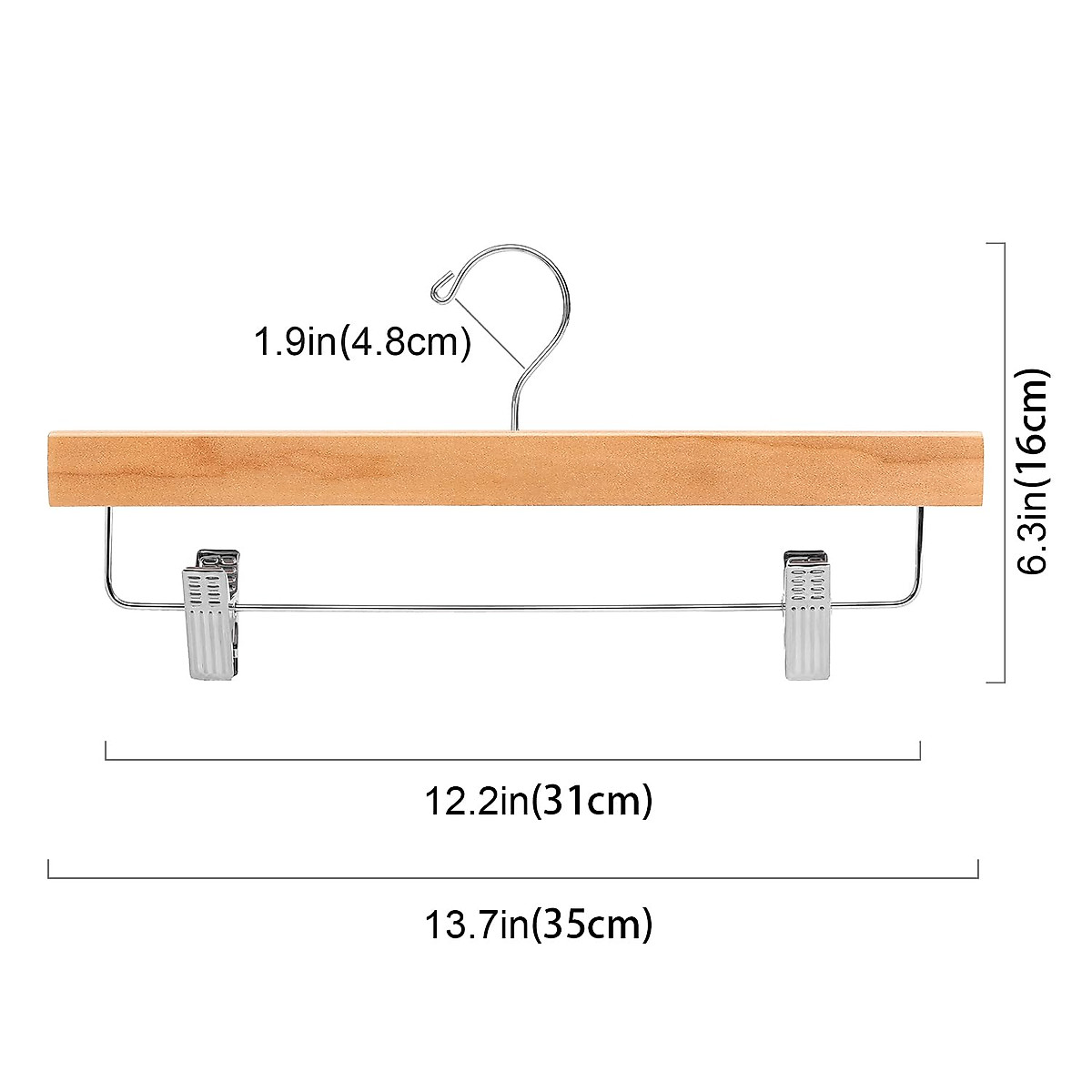 BAGAIL Wooden Pants Hangers with Adjustable Clips, 360°Swivel Hook Space Saving Skirt Holders with Anti-Rust Clips for Trousers, Jeans, Shorts (20Pack Natural)