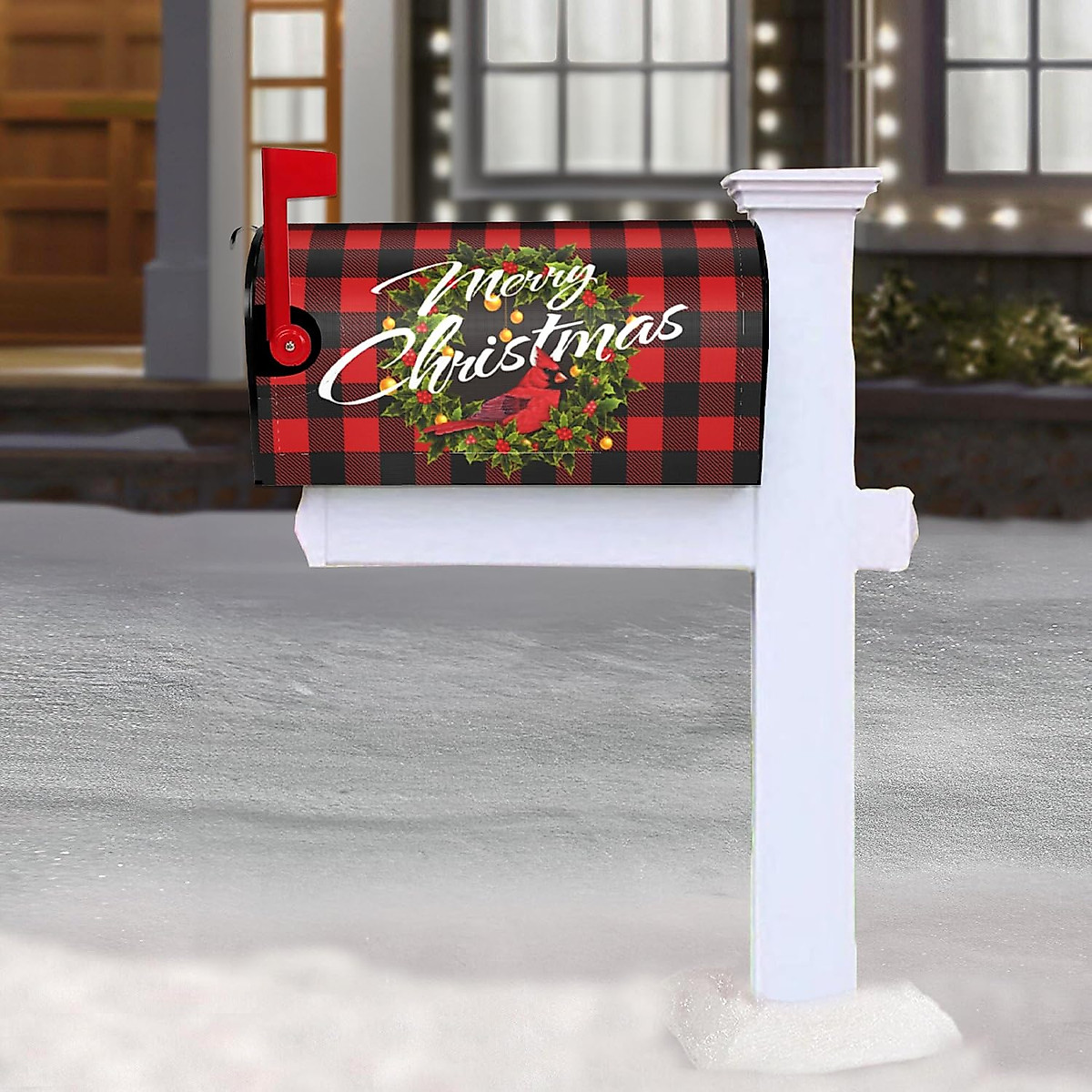 Merry Christmas Mailbox Cover Magnetic Winter Xmas Wreath Red Buffalo Plaid Mailbox Cover Garden Yard Home Decor Outdoor Yard Farmhouse Home Mailbox Cover Magnetic Standard 21" L x 18" W