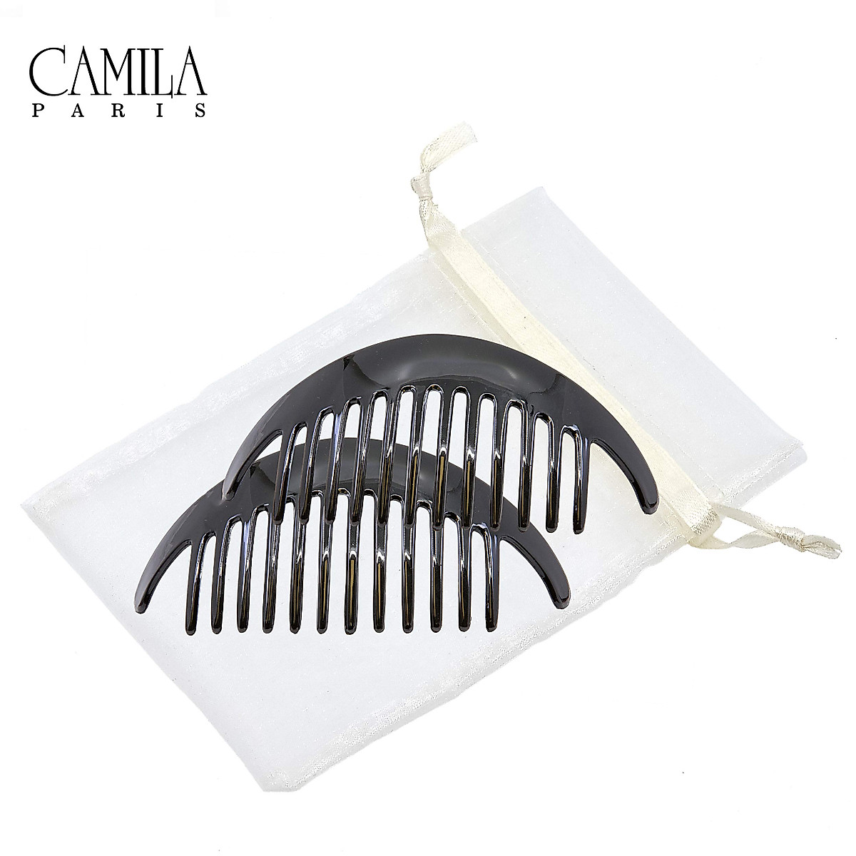 Camila Paris CP2872/2 French Hair Side Combs, Black Interlocking Combs French Twist Hair Combs, Strong Hold Hair Clips for Women Bun Chignon Up-Do, Styling Girls Hair Accessories, Made in France