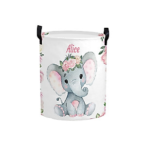 zaaprintblanket Customized Laundry Basket Name Organizer Bin Laundry Hamper with Handle Clothes Hamper for Nursery Clothes Toys Decor(Pink Florals Baby Elephant)
