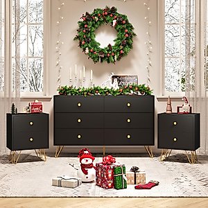 Tradare 6 Drawer Dresser and Night Stand Sets for Bedroom, Two Drawers Nightstand Set of 2 & 6 Drawer Dresser with Gold Handle, Modern Black and Gold Dresser Set