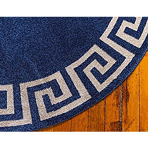 Unique Loom Athens Collection Classic Geometric Modern Border Design Area Rug, Round 8' 0" x 8' 0", Navy Blue/Beige