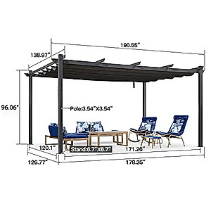 PURPLE LEAF 12' X 16' Outdoor Pergola with Retractable Canopy Aluminum Shelter for Porch Garden Beach Sun Shade Pavilion Grape Trellis Grill Gazebo Modern Backyard Deck Metal Patio Pergola Gray