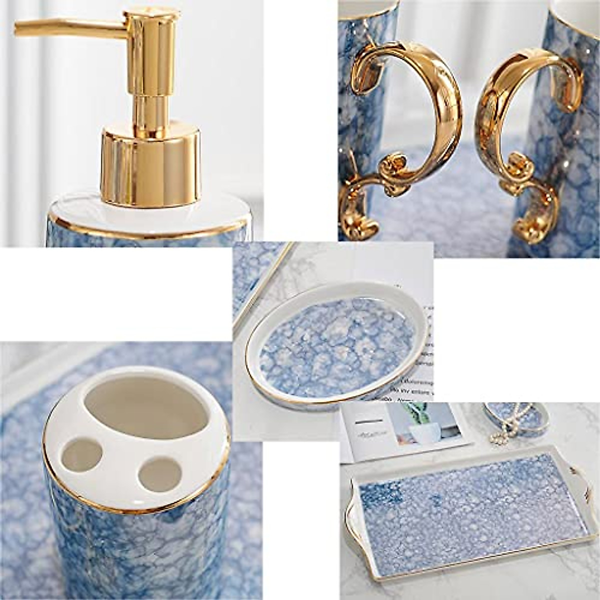 YAYA2021-SHOP Soap Bottles European Style Bathroom Accessories Set Ceramic 6-Pieces Bath Sets Includes Soap Dispenser Toothbrush Holder Tumblers Soap Dish and Tray, Gold Rim Soap Dispenser