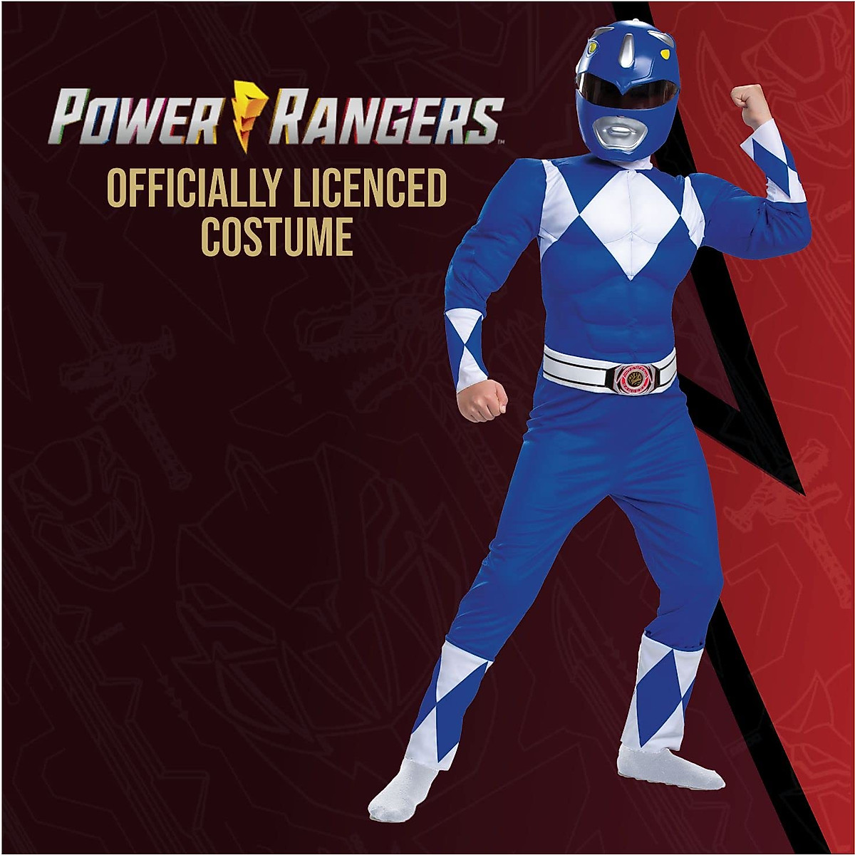 Blue Power Ranger Costume, Kids Size Beast Morphers Muscle Padded Character Jumpsuit and Mask, Classic Child Size Small (4-6)