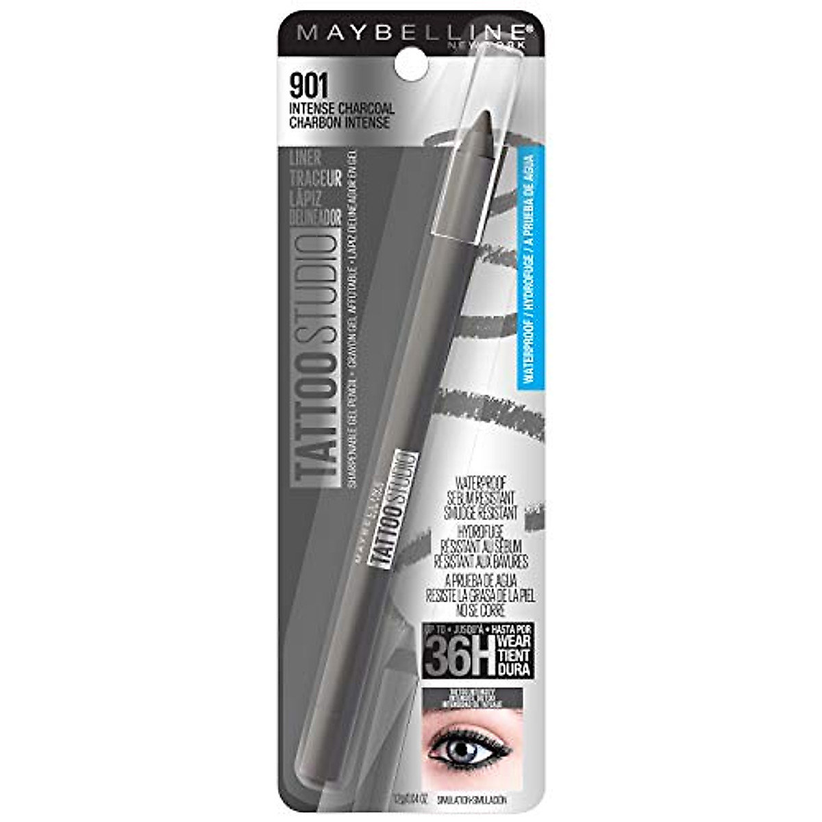 Maybelline TattooStudio Sharpenable Gel Pencil Longwear Eyeliner Makeup, Intense Charcoal, 0.04 oz.