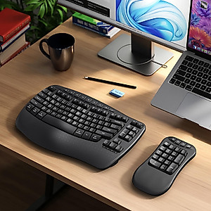 MEETION Ergonomic Wireless Keyboard with Separate Numeric Keypad, Wave Flexible 2-in-1 Setup for Multi-Device, 2.4G/Bluetooth Split Design with Wrist Rest for Accountants/Data Entry/Left-Handed User