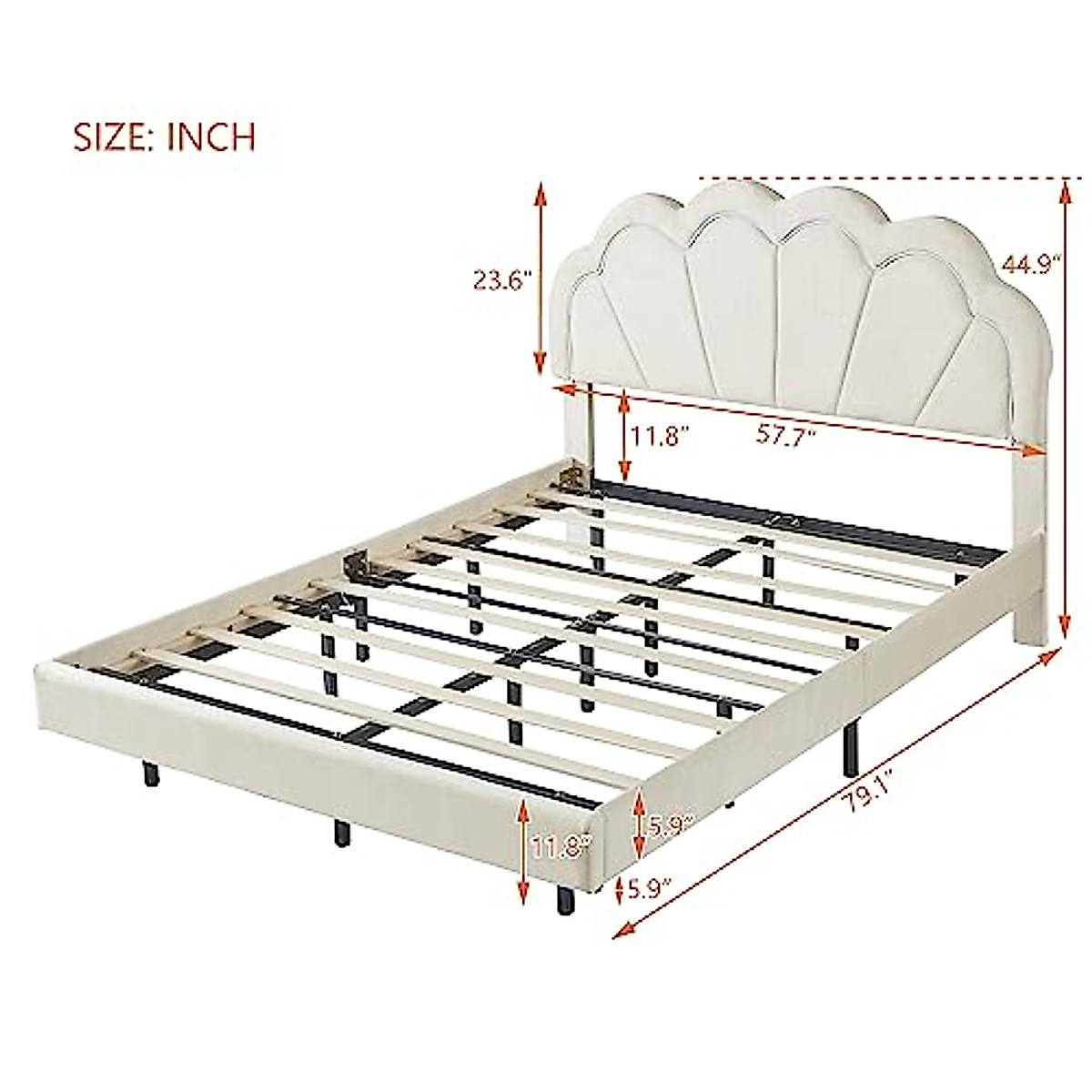 DNYN Upholstered Full Size Platform Bed for Kids, Adults Bedroom,Velvet Fabric Bedframe with Elegant Flower Headboard & LED Design & Wood Slat Support,No Box Spring Needed, Beige