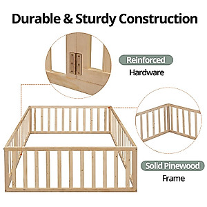 TURRIDU Queen Size Montessori Floor Bed, Multifunctional Wood Bed Frame with Fence & Door for Children Boys Girls Bedroom Living Room, Without Slat & Unlimited Weight, Natural