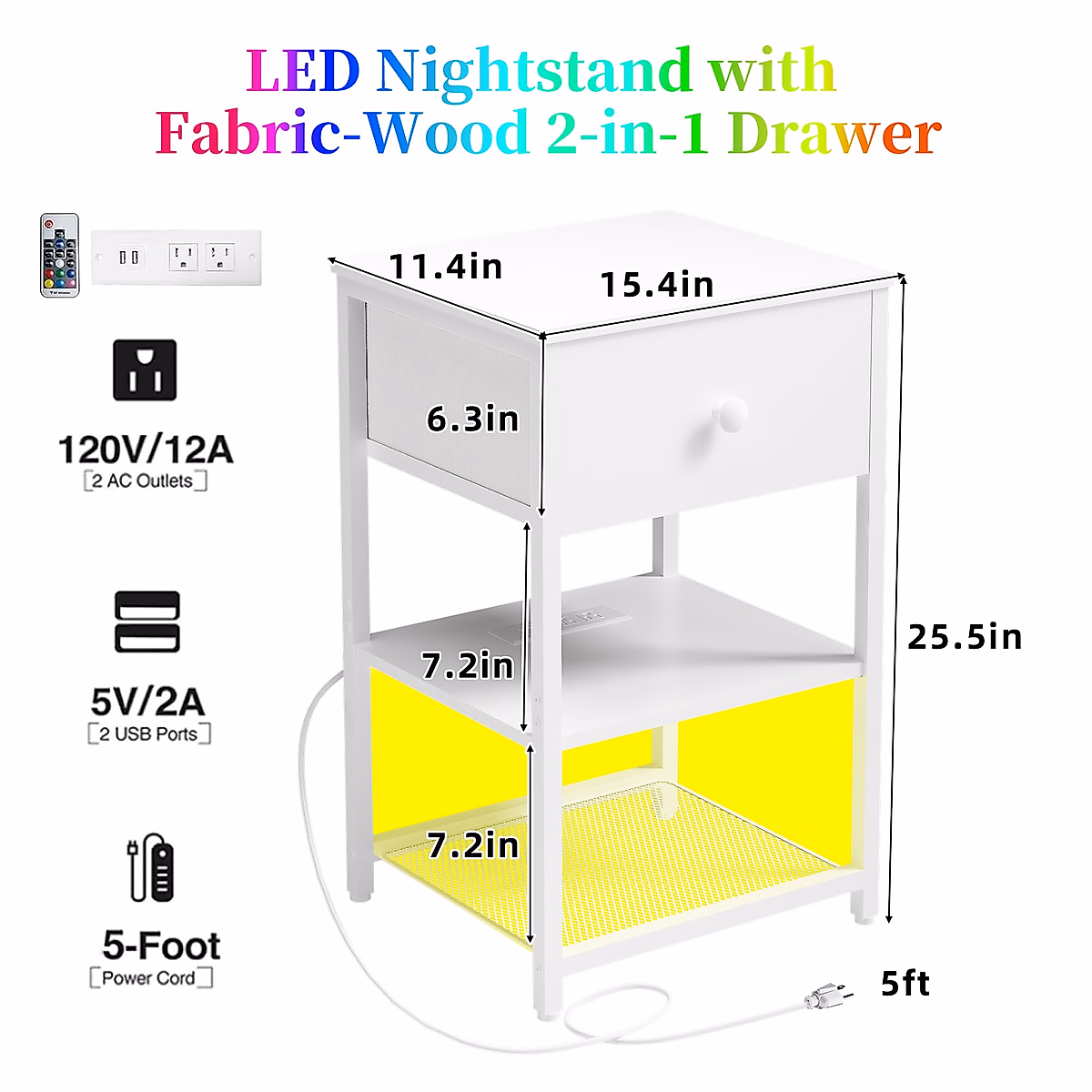LTTDOUK LED Nightstands Set of 2 with Charging Station, Bedside Tables with USB Ports and Outlets, End Table with Fabric-Wood 2-in-1 Drawer, White Side Table for Bedroom, Living Room