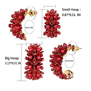 Wgoud 2 Pairs of Bohemian Style Metal Flower Hoop Earrings - Stylish Gold Plated Colorful Pearl Blossom Floral Hoops Earring Jewerly for Women Girls (RedA)