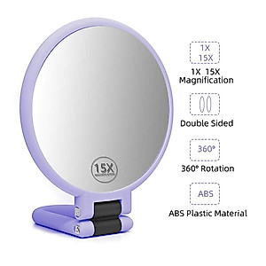 Dolovemk Travel Makeup Mirror with Stand,Suspended Makeup Mirror,Hand Mirrors with Handle Double Side,Travel Folding Hand Held Mirror 15x Magnification(Purple)