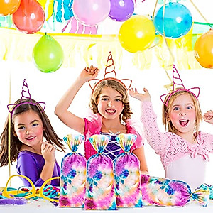 BLEWINDZ 100 Pieces Cellophane Treat Bags,11"X 5"Small Cellophane Bags, Tie-Dye Cello Gift Bags with Ties, Goodie Bags Candy Bags for Party Supplies (Rainbow)