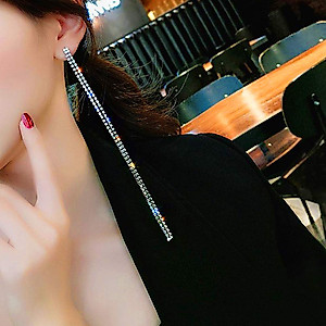 HUJUON Elegant Long Rhinestone Chain Earrings. Punk Double Strand Tassel Line Earrings Minimalism Crystal Drop Earrings for Women Wedding Jewelry (Silver)