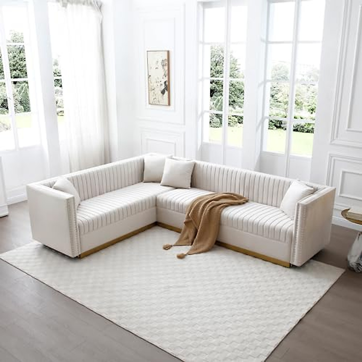 FANYE 2PCS Contemporary Sofa Sets Vertical Channel Velvet Tufted Sofa&Couch Include 3 Seaters CouchX2, L-Shaped Corner Sectional W/Gold Metal Strip Decor for Apartment Office Living Room Sets