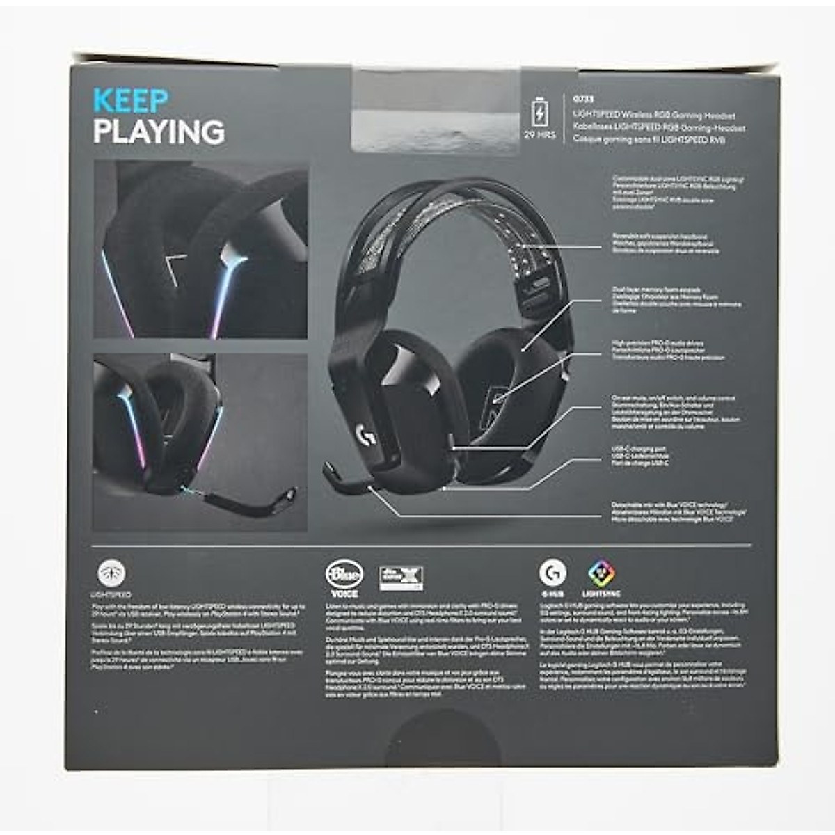 Logitech G733 Lightspeed Wireless Gaming Headset with Suspension Headband, LIGHTSYNC RGB, Blue VO!CE mic Technology and PRO-G Audio Drivers, Lightweight, 29 Hour Battery Life, 20m Range - Black