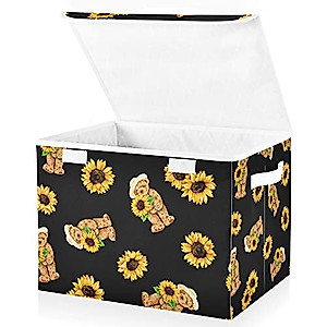 innewgogo Cute Bear and Sunflower Storage Bins with Lids for Organizing Decorative Callapsible Storage Basket with Handles Oxford Cloth Storage Cube Box for Clothes