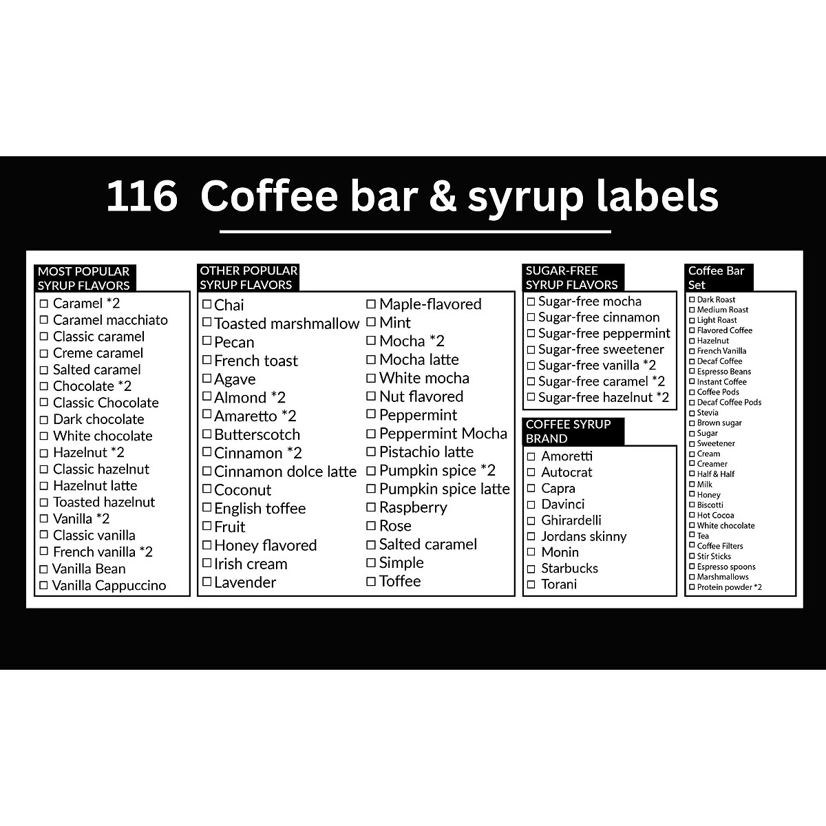 Jweltz 116 Coffee Syrup Labels - Preprinted Custom Coffee Station Stickers for Organization - Includes 86 Minimalist Syrup Dispenser Labels, 30 Coffee Bar Labels - Stainproof & Waterproof