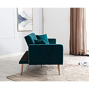 SLEERWAY Velvet Futon Sofa Bed with 5 Golden Metal Legs, Sleeper Sofa Couch with Two Pillows, Convertible Loveseat for Living Room and Bedroom, Teal