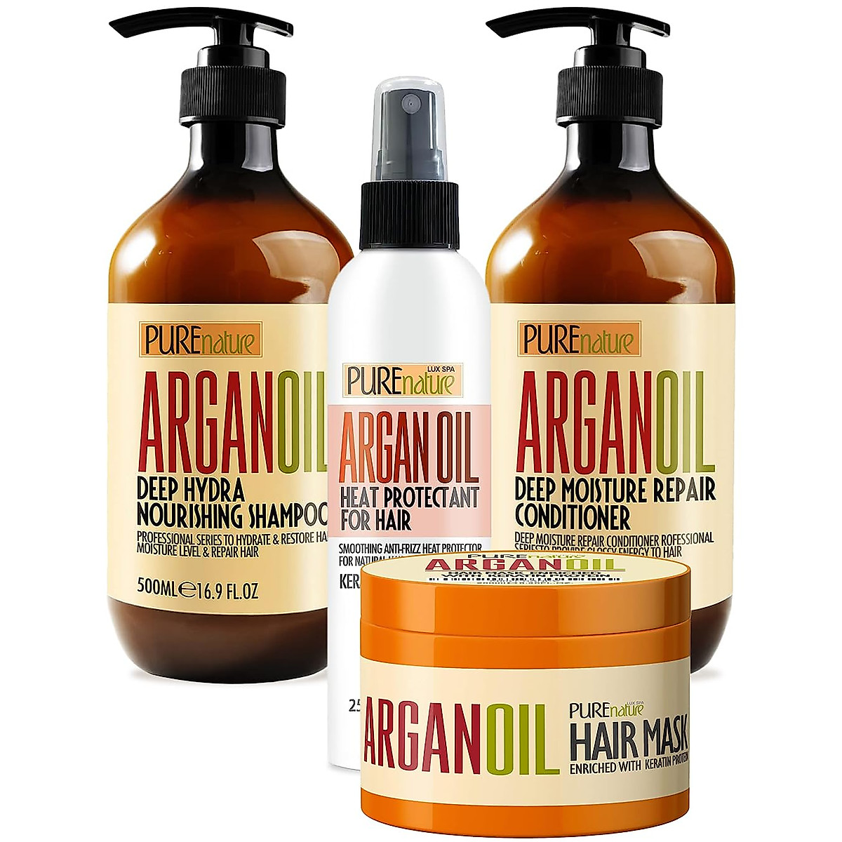 PURE NATURE Moroccan Argan Oil Shampoo and Conditioner Set with Heat Protectant Spray and Keratin Hair Mask