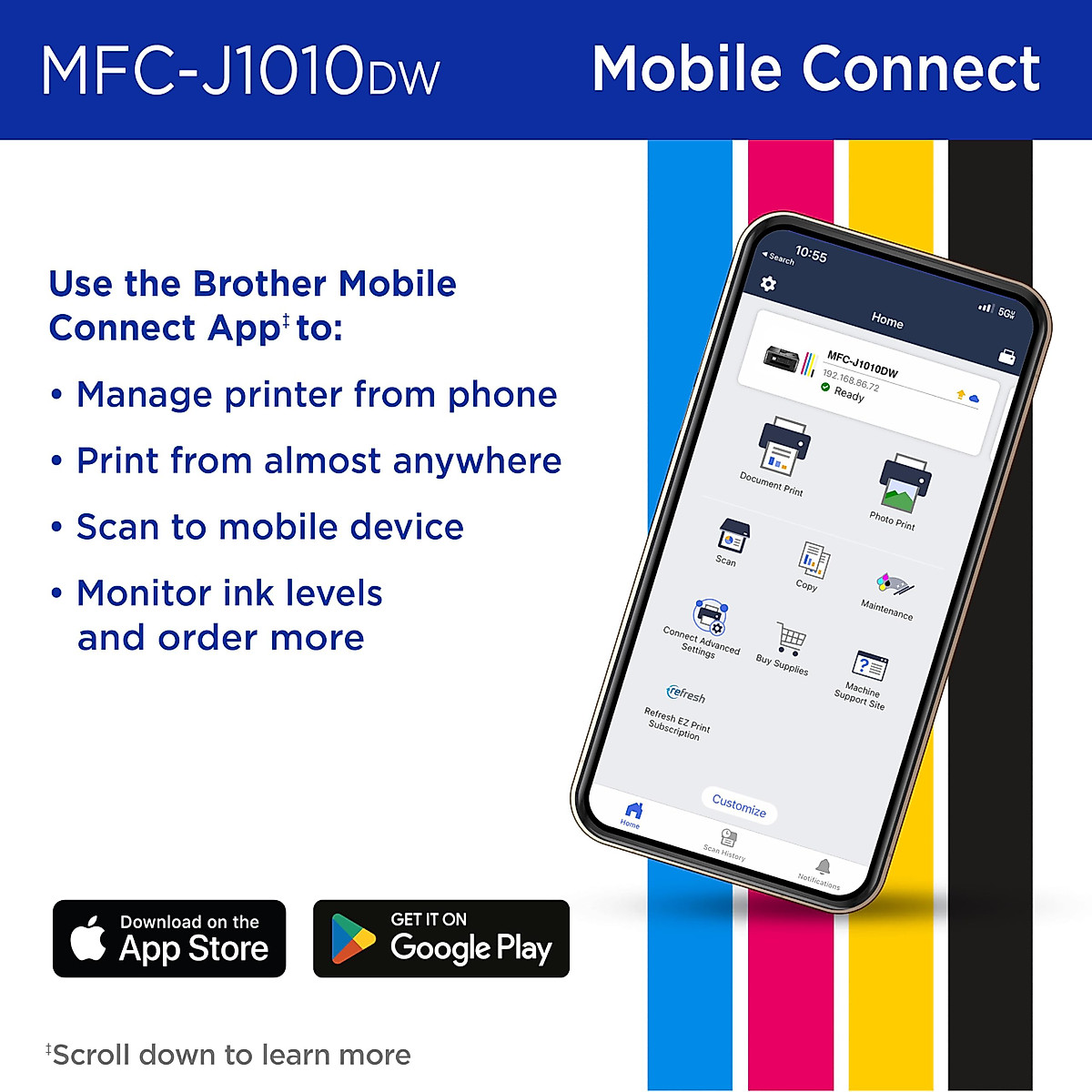 Brother MFC-J1010DW Wireless Color Inkjet All-in-One Printer with Mobile Device and Duplex Printing, Refresh Subscription and Amazon Dash Replenishment Ready