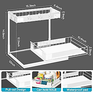 Large Under the Sink Organizer Bathroom, 2-Tier Kitchen Under the Sink Organizers and Storage with 4 Hooks, Cabinet Storage Shelves No Drilling Rustproof Stainless Steel Pull Out Shelf, White