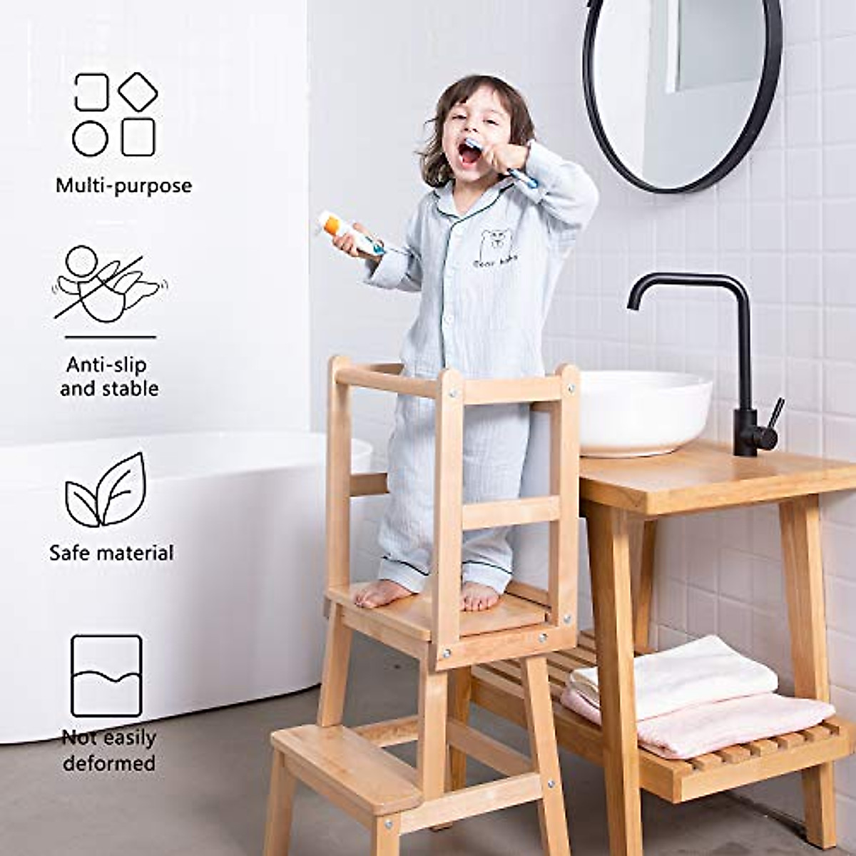 HOUCHICS Toddler Wooden Step Stool, Solid Birch Wooden Children Standing Tower, Helper of Kitchen Tower for Kitchen, Bathroom