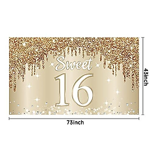 Happy Sweet 16th Birthday Banner Backdrop Decorations for Girls, Gold White Sweet 16 Birthday Sign Party Supplies, Sixteen Year Old Birthday Photo Booth Background Poster Decor(72.8 x 43.3 Inch)