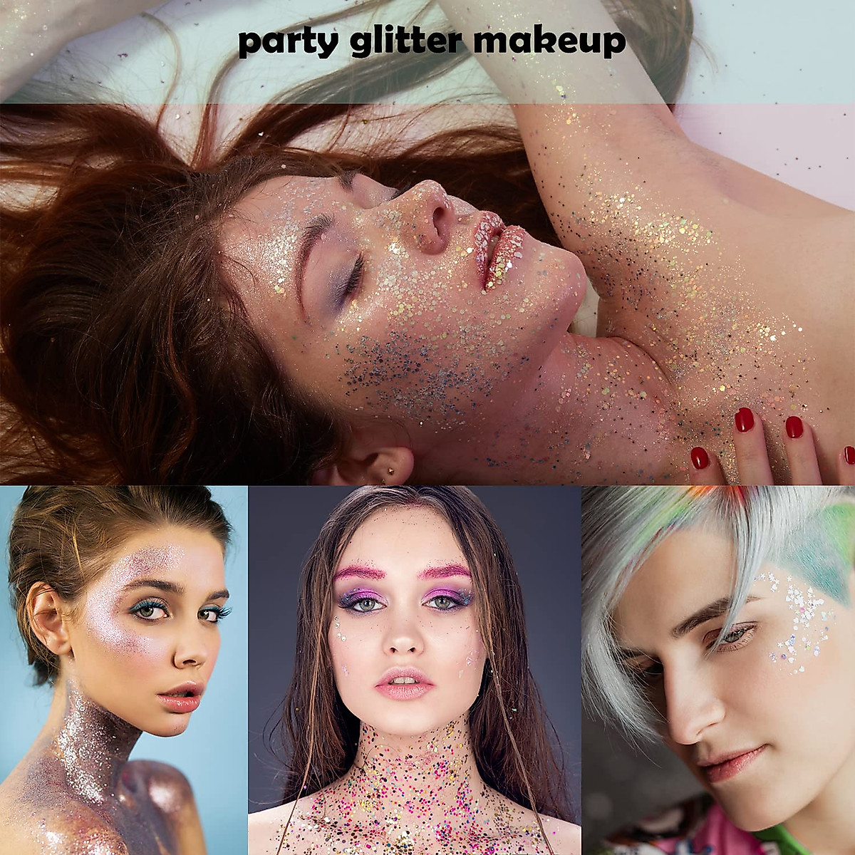 Body Glitter+Gel Kit,JASSINS Holographic Face Glitter,7 Style Fine Glitter for Art Nail,Hair, Eye,Eyeshadow Makeup.(Color-1)