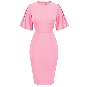 Zshujun 1950's Women's Vintage Stretchy Work Casual Bodycon Sheath Pencil Dress 1189 (Pink, XL)